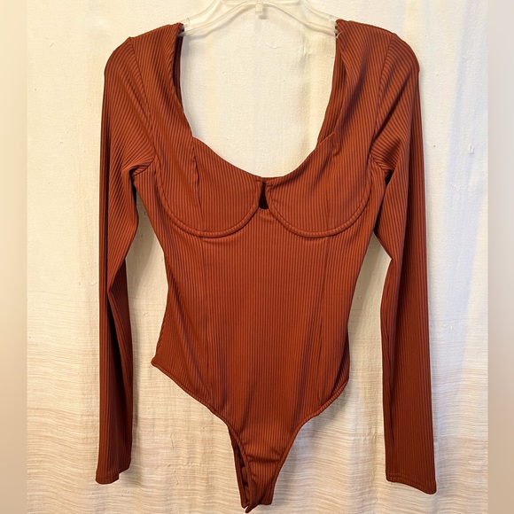 Lulus | Tops | Lulus Rust Brown Ribbed Long Sleeve Bustier Bodysuit ...